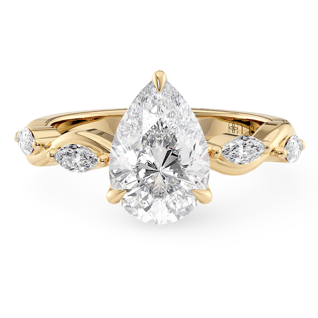 Constance Petal Pear Diamond Engagement Ring | Twisting Band with Marquise Accents and Petal ...