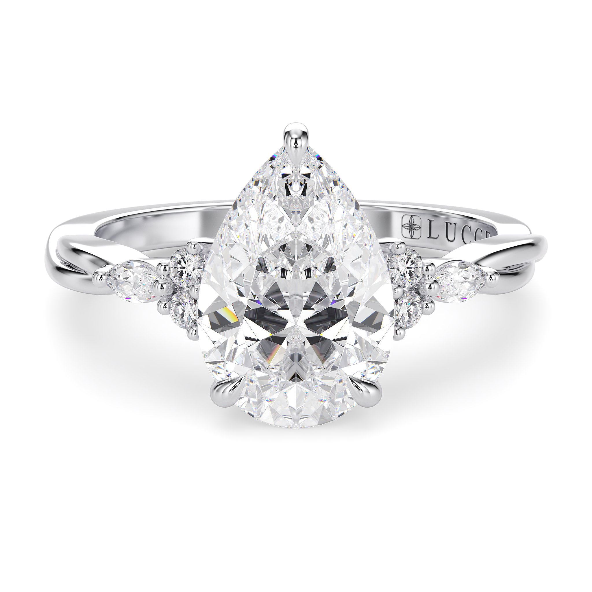 LUCCE ALESSA™ Pear Diamond Engagement Ring | Cluster Side Stones